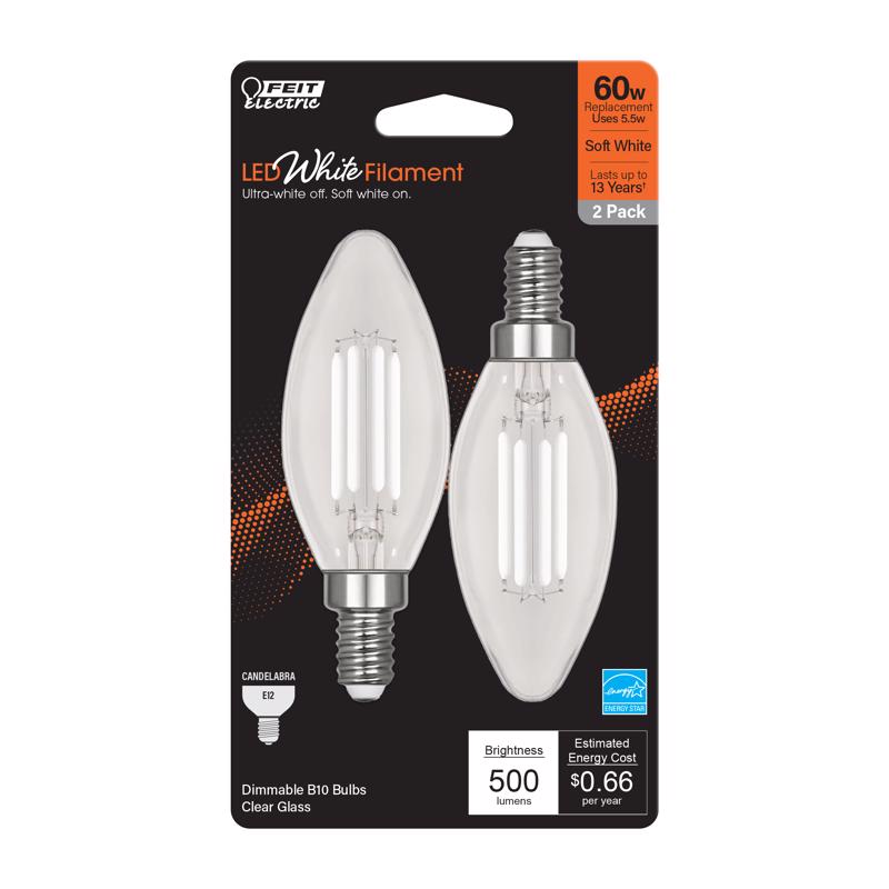 Feit White BA10 E12 (Candelabra) Filament LED Bulb Soft White 60 Watt ...