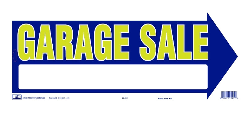 Hy-Ko 22451 Directional Sign, GARAGE SALE (Arrow), Yellow Legend, Blue ...